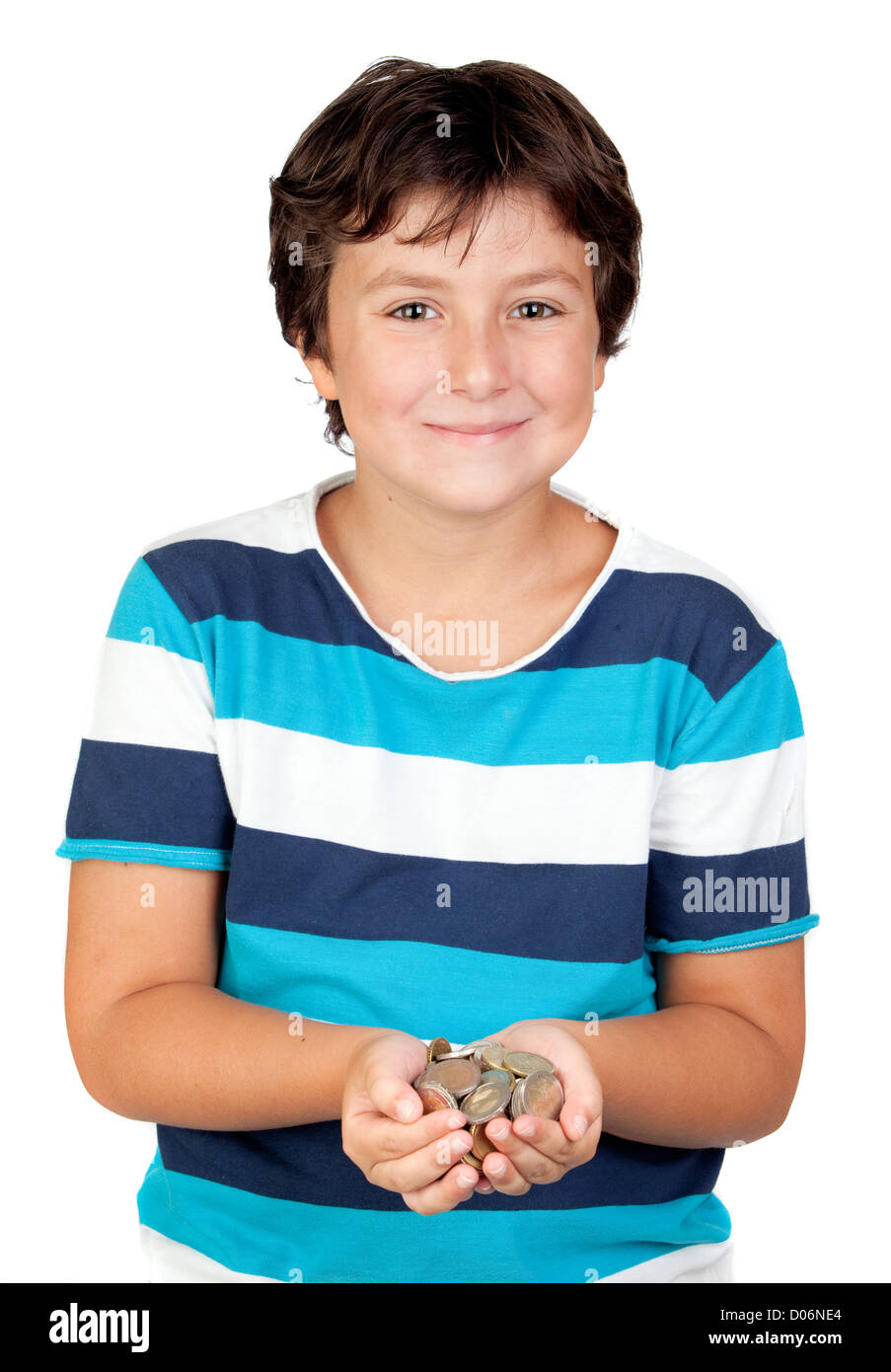 Adorable boy with a lot of coins isolated on white background Stock ...