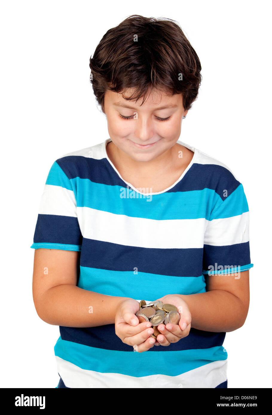 Adorable boy with a lot of coins isolated on white background Stock ...