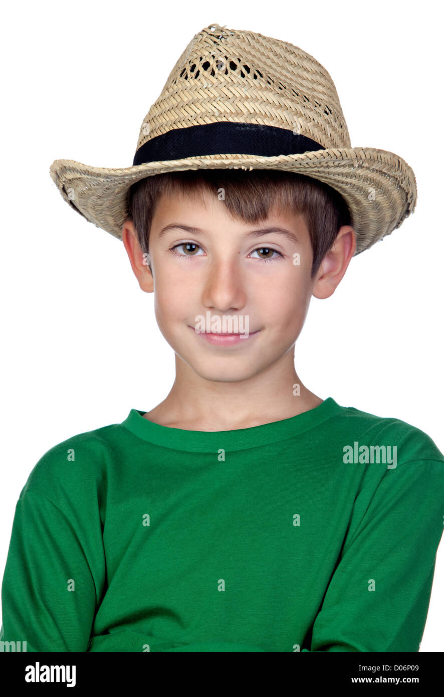 Beautiful boy with straw hat isolated on a over white background Stock ...