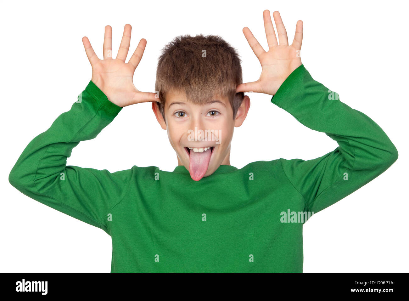 Funny child with green t-shirt mocking isolated on white background ...