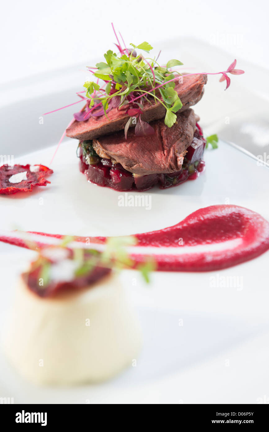 Beetroot and beef plated in a fine dining restaurant Stock Photo - Alamy