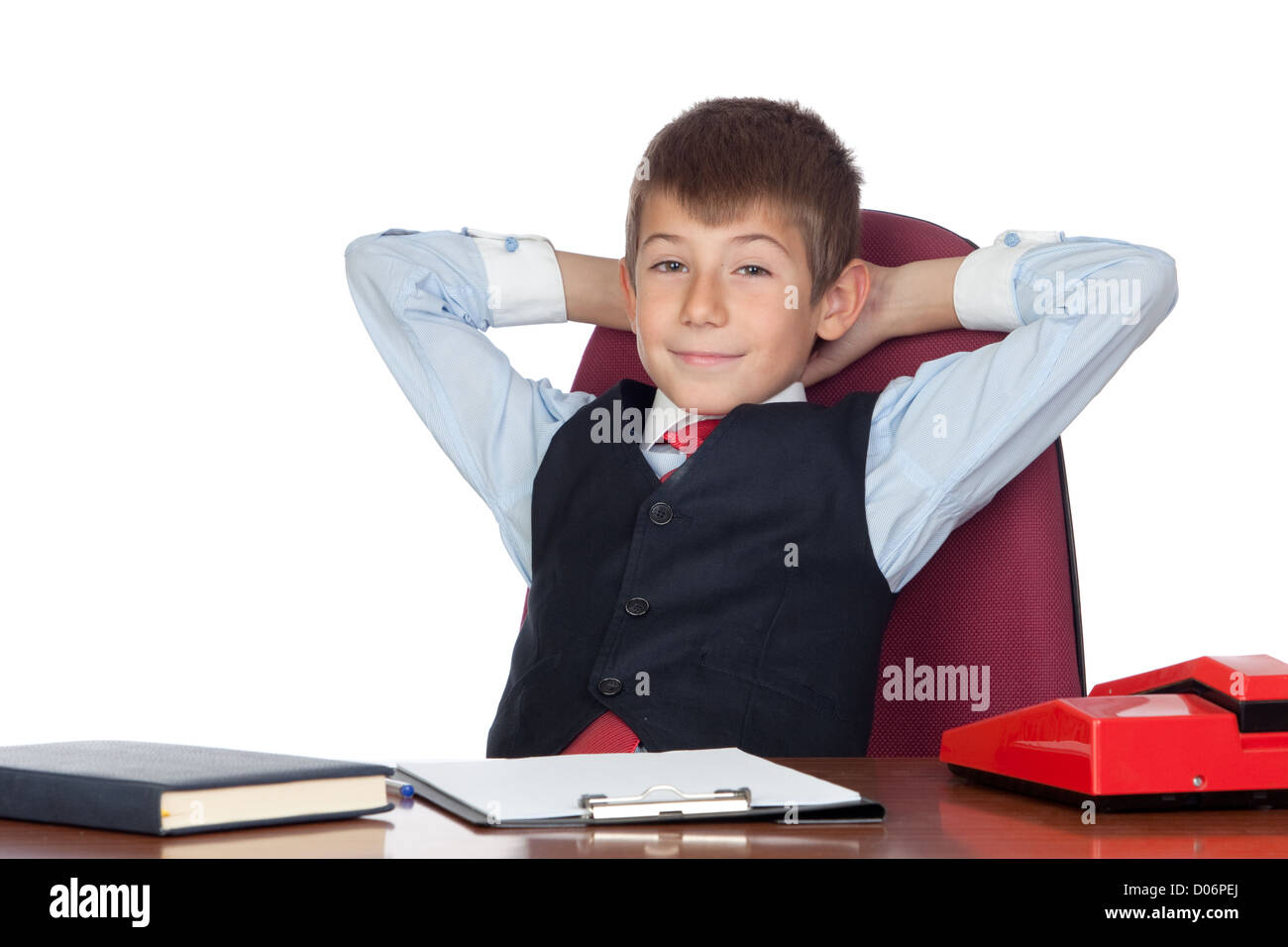 Little businessman relaxed in the office isolated on a over white ...