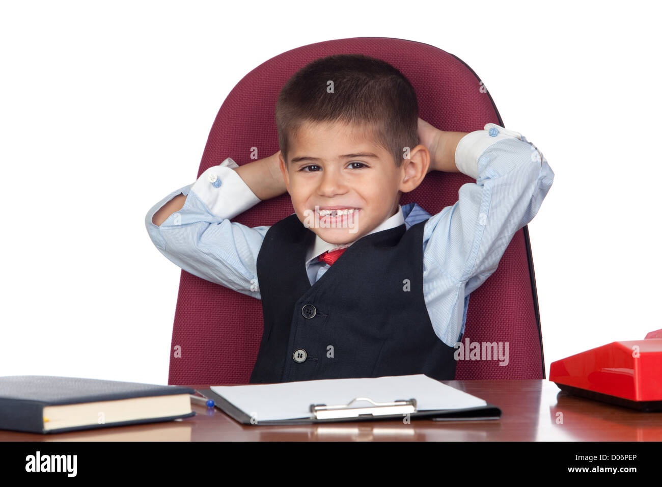 Little businessman relaxed in the office isolated on a over white ...