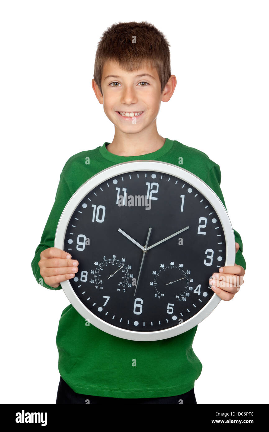 Adorable boy with a big clock isolated on white background Stock Photo ...