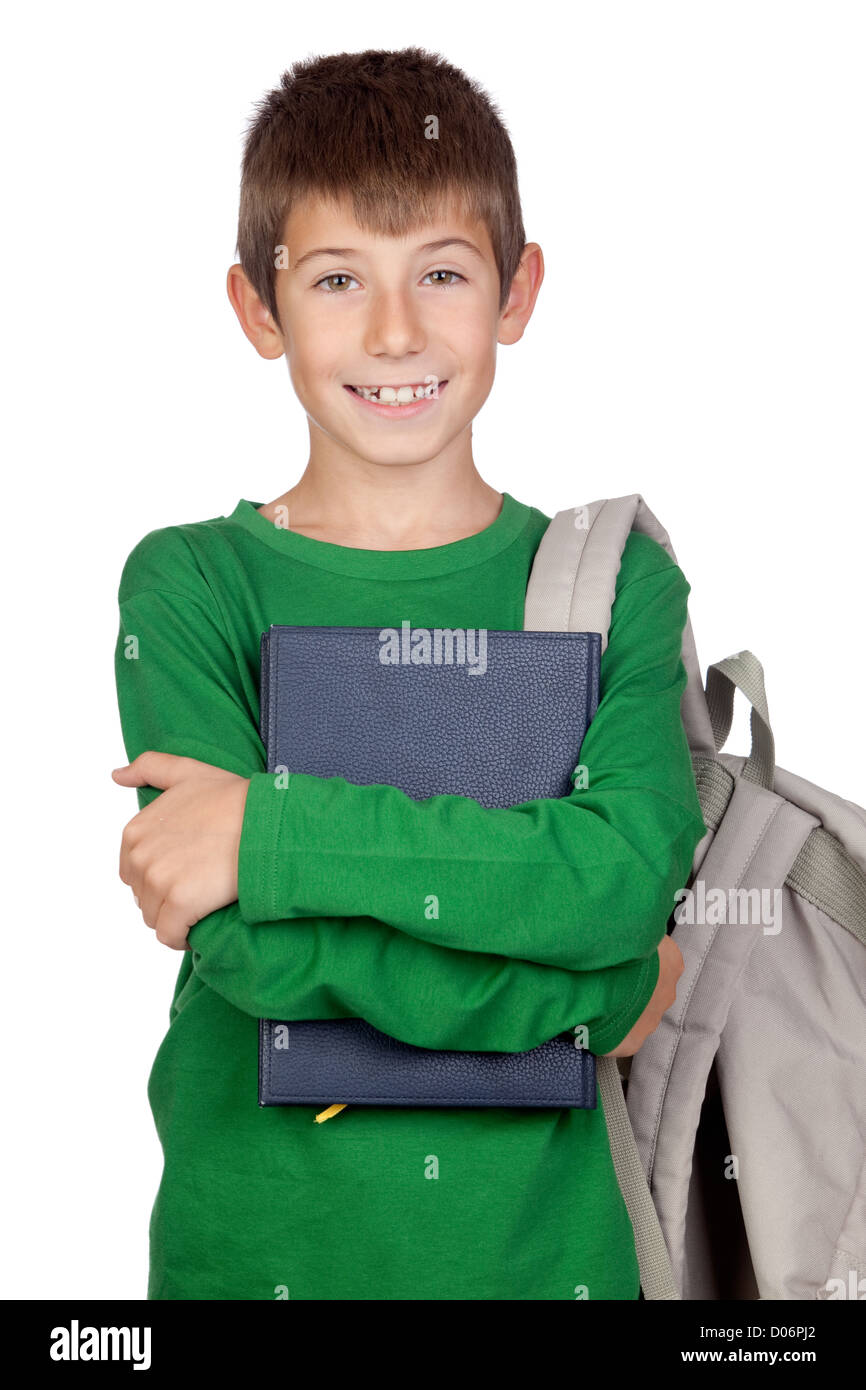 Adorable student dressed in green isolated on a over white background ...