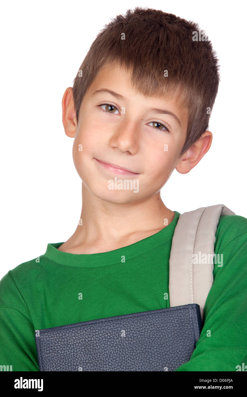 Adorable student dressed in green isolated on a over white background ...