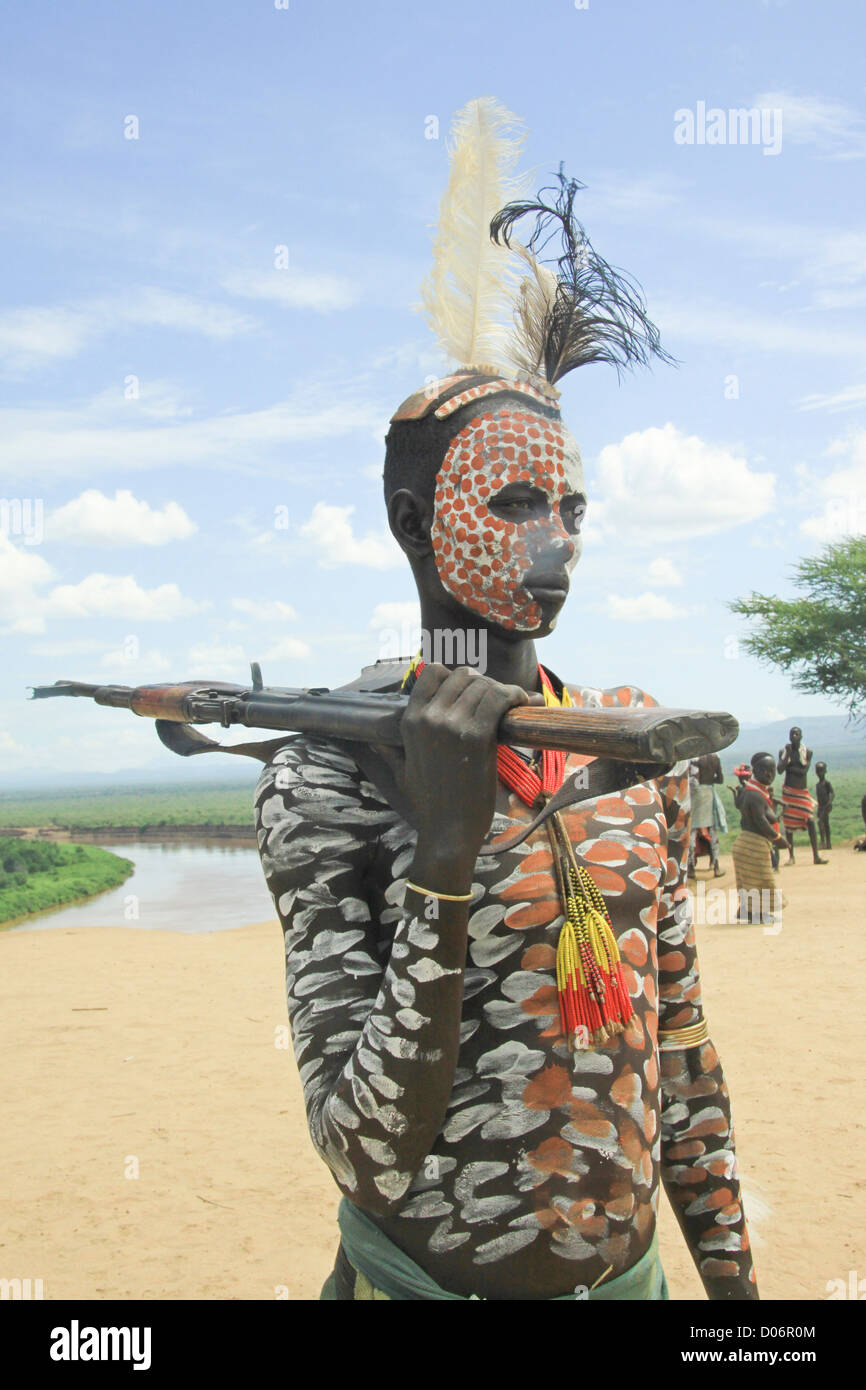 Africa, Ethiopia, Omo Valley, Konso tribe man in front of his thatch ...