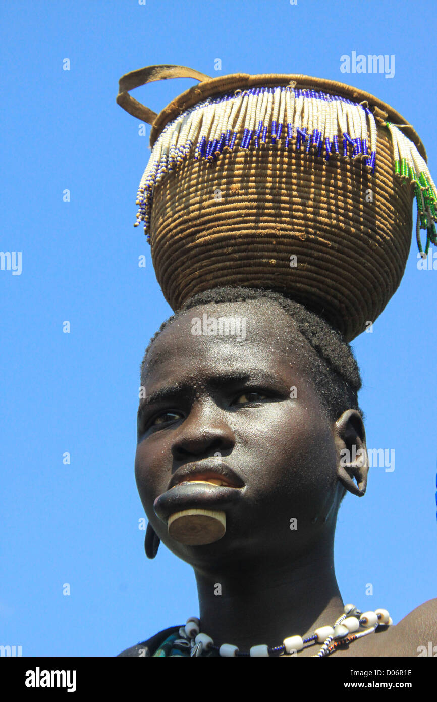 Africa, Ethiopia, Debub Omo Zone, Mursi tribe Woman with clay lip disc ...