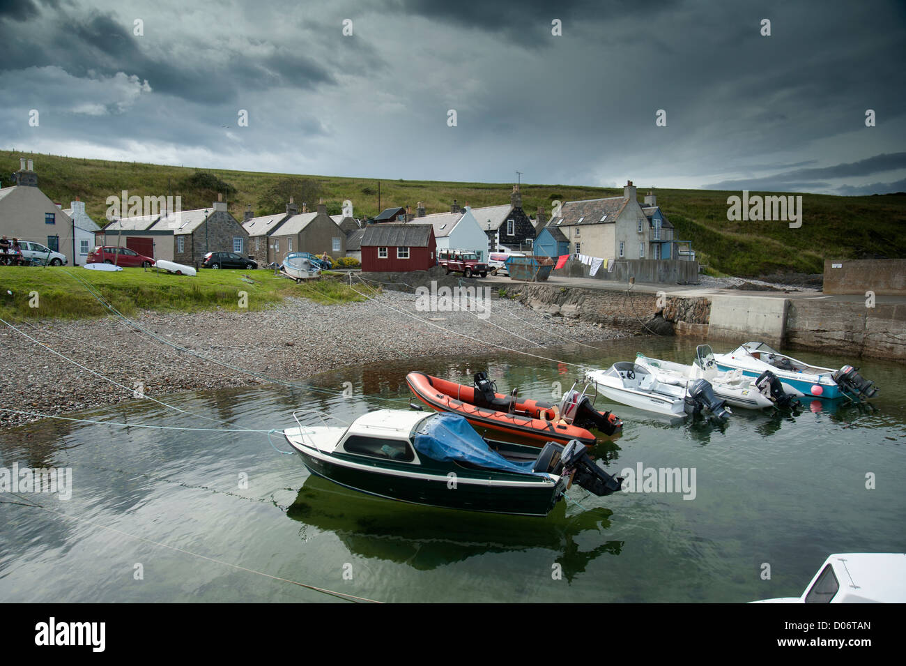 The small secluded village and harbour of Sandend, Aberdeenshire. SCO ...