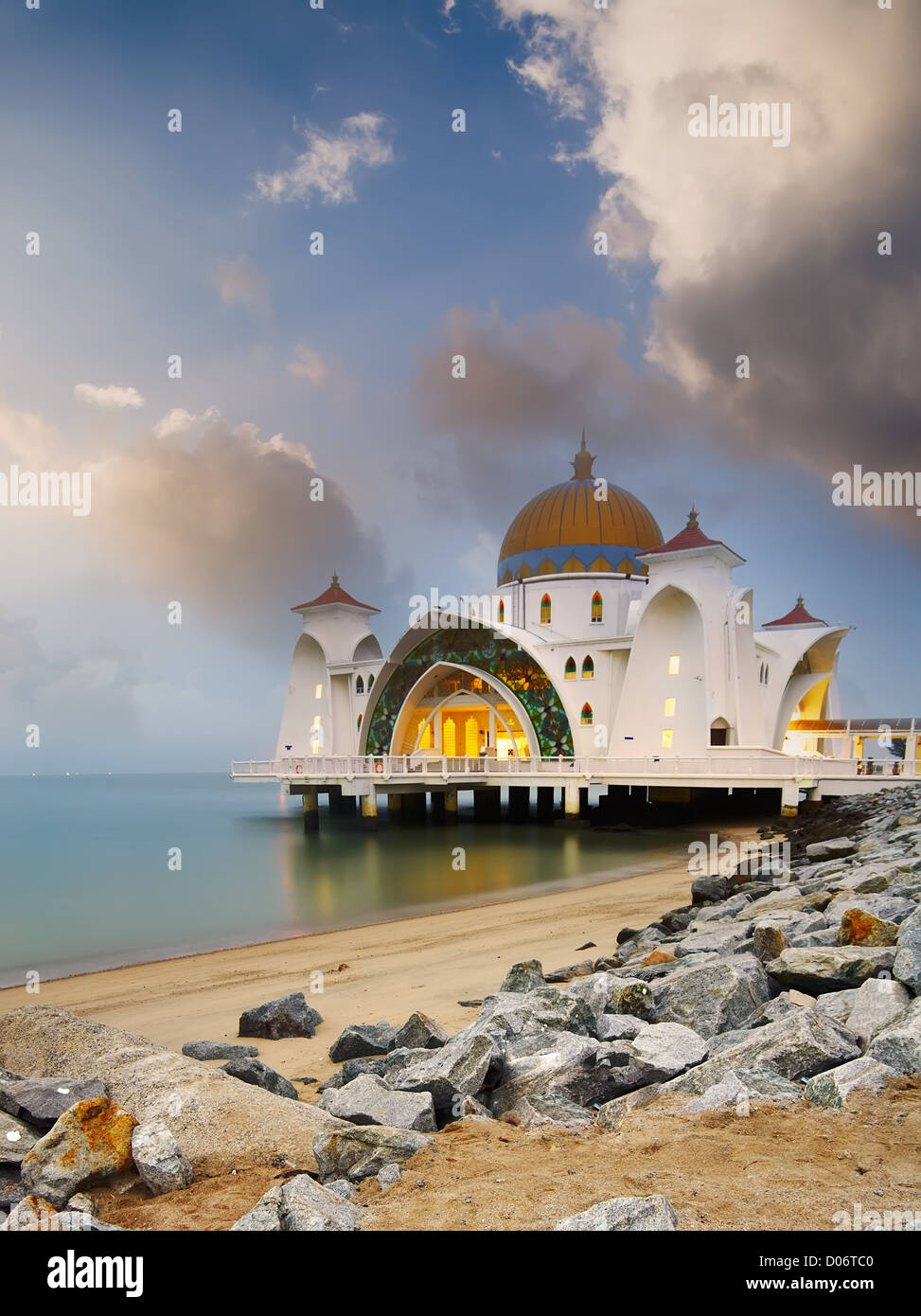 Landscape of famous floating mosque on water of sea in Malacca ...