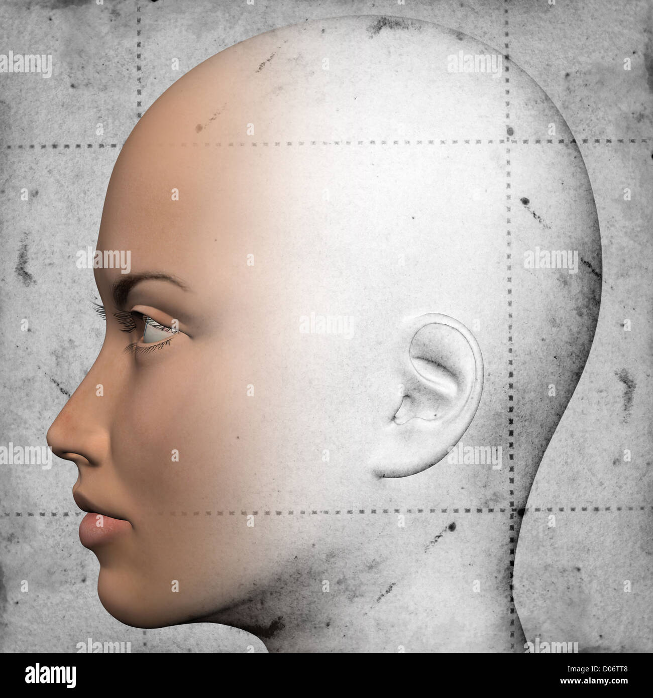 Sketch drawing of young woman with unfinished shading and coloring. 3d ...