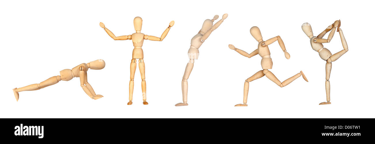 Jointed wooden mannequin doing different positions isolated on white ...