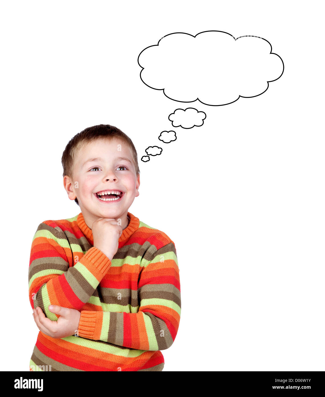 Pensive child with blond hair isolated on white background Stock Photo ...