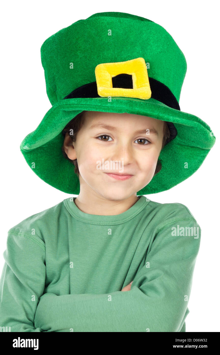 Child with green hat a over white background Stock Photo - Alamy
