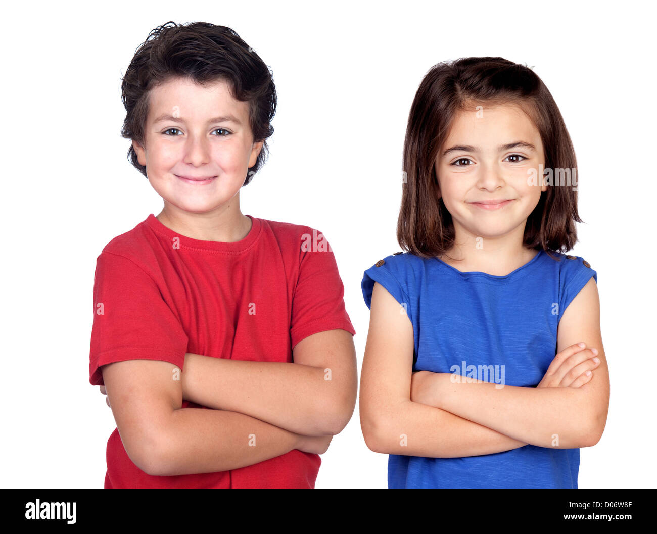 Two children with crossed arms isolated on white background Stock Photo ...
