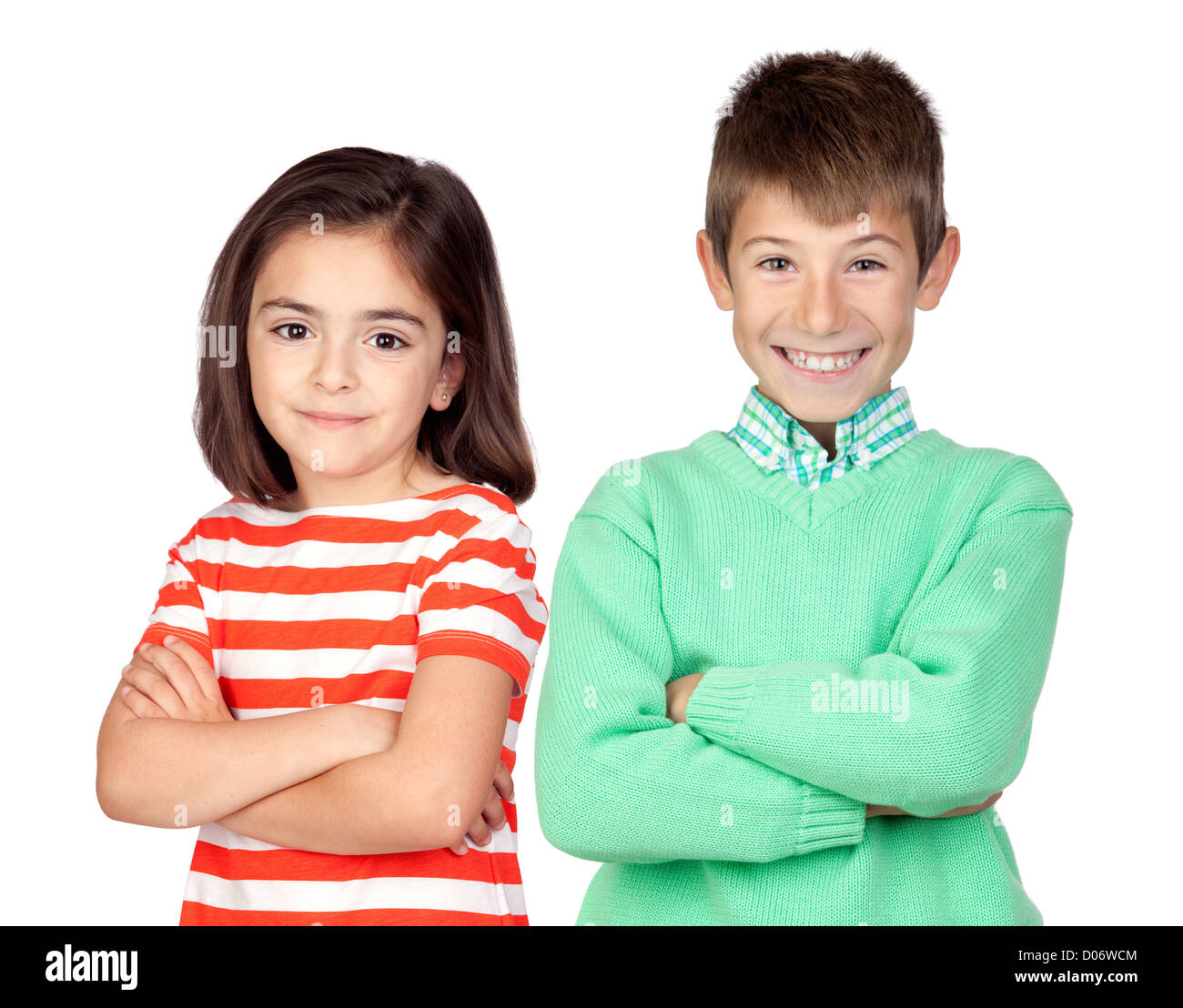 Two children with crossed arms isolated on white background Stock Photo ...