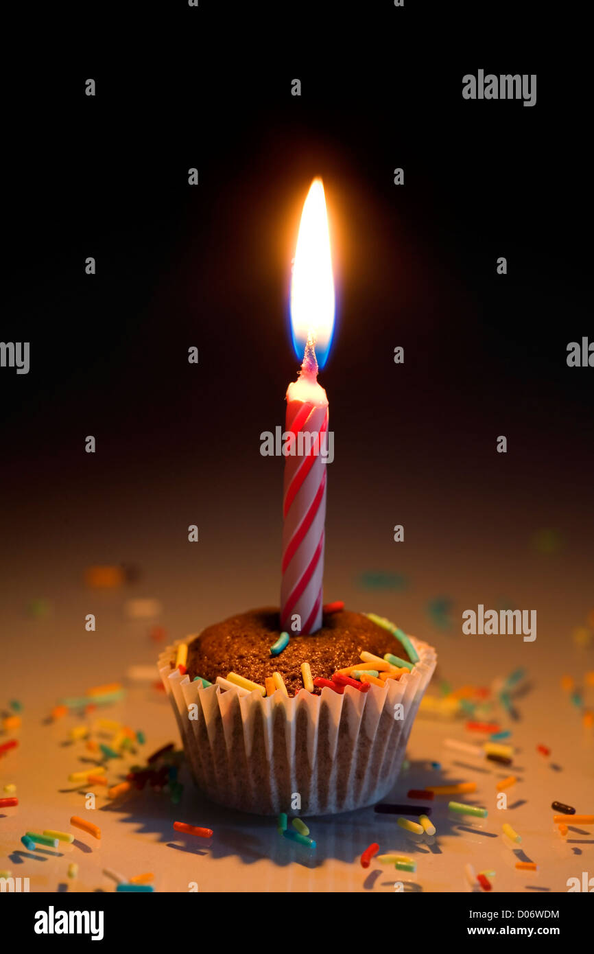 Single cupcake with sprinkles and candle Stock Photo - Alamy