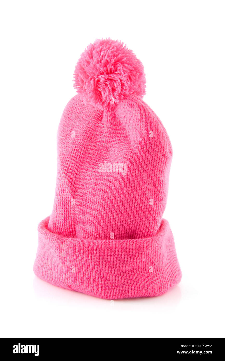 Pink warm winter hat for children isolated on white background Stock ...