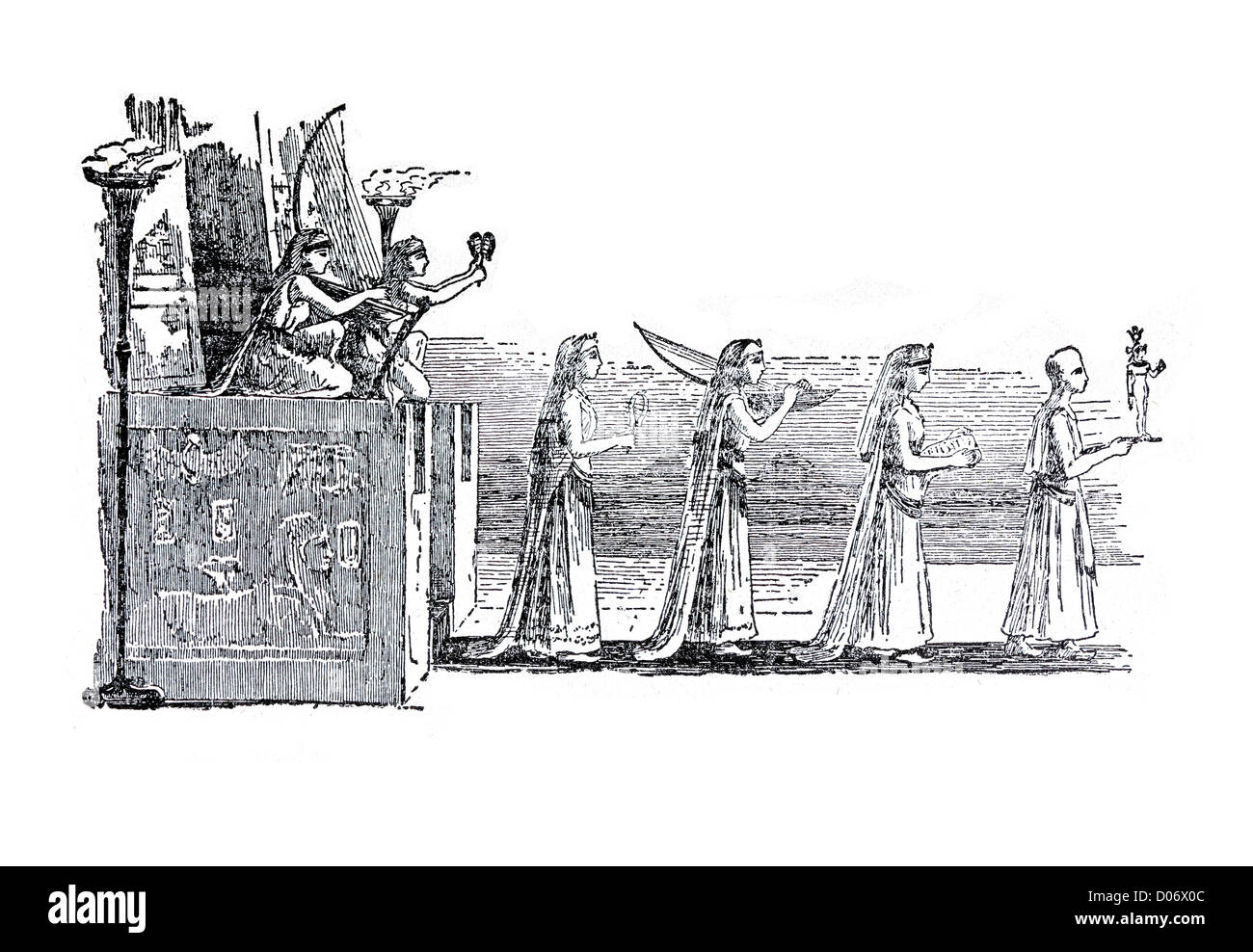 Antique line drawing of an Egyptian procession passing through a pair ...