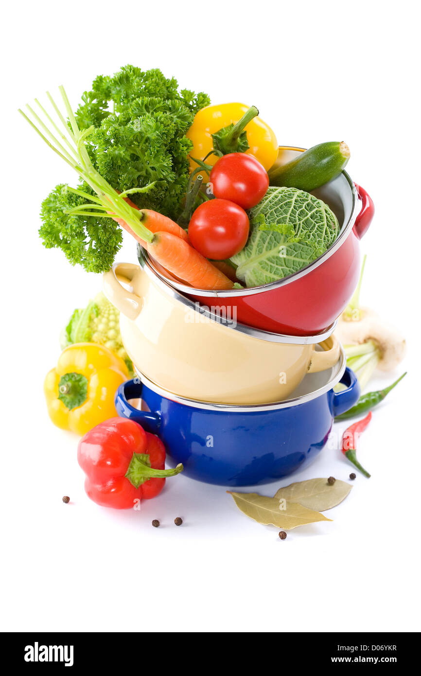 Ratatouille or soup vegetables in a cooking pot over white Stock Photo ...