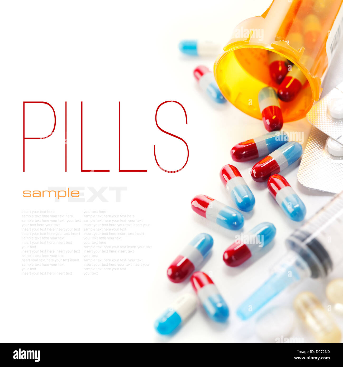 Pills spilling out of pill bottle and Syringe isolated on white (with ...