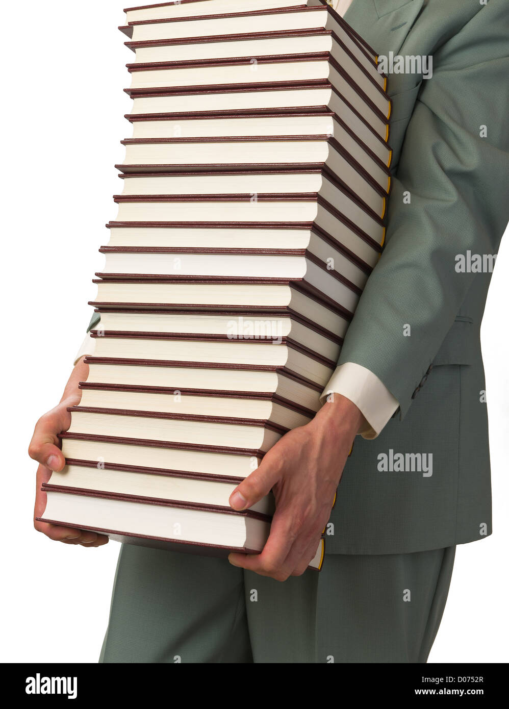Man carries several books, white background Stock Photo - Alamy
