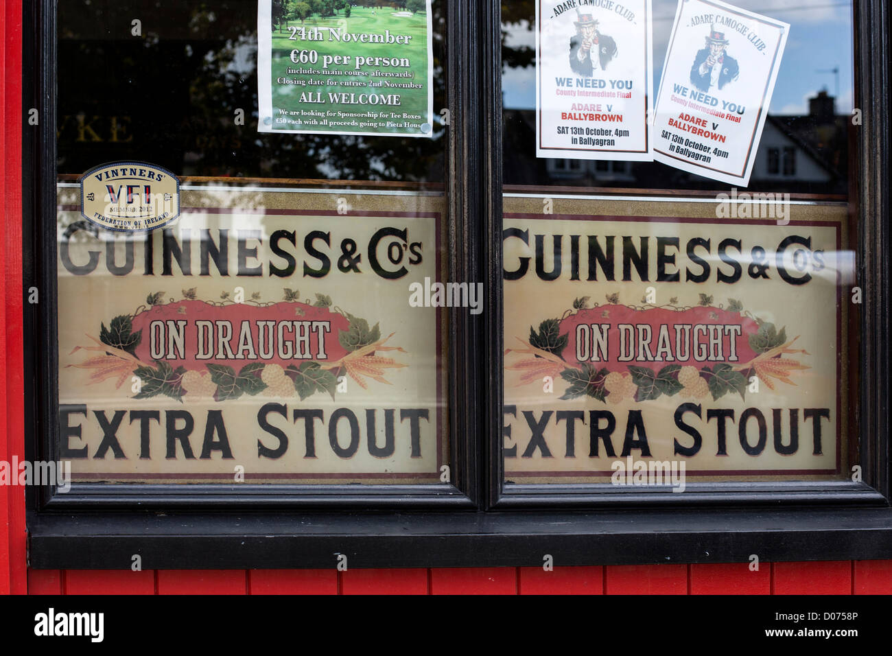 Irish pub window with Guinness sign, Adare County Limerick Stock Photo ...