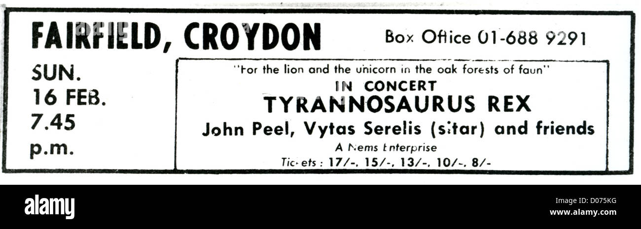 T-REX Advert for gig by Marc Bolan's Tyrannosaurus Rex rock group in ...