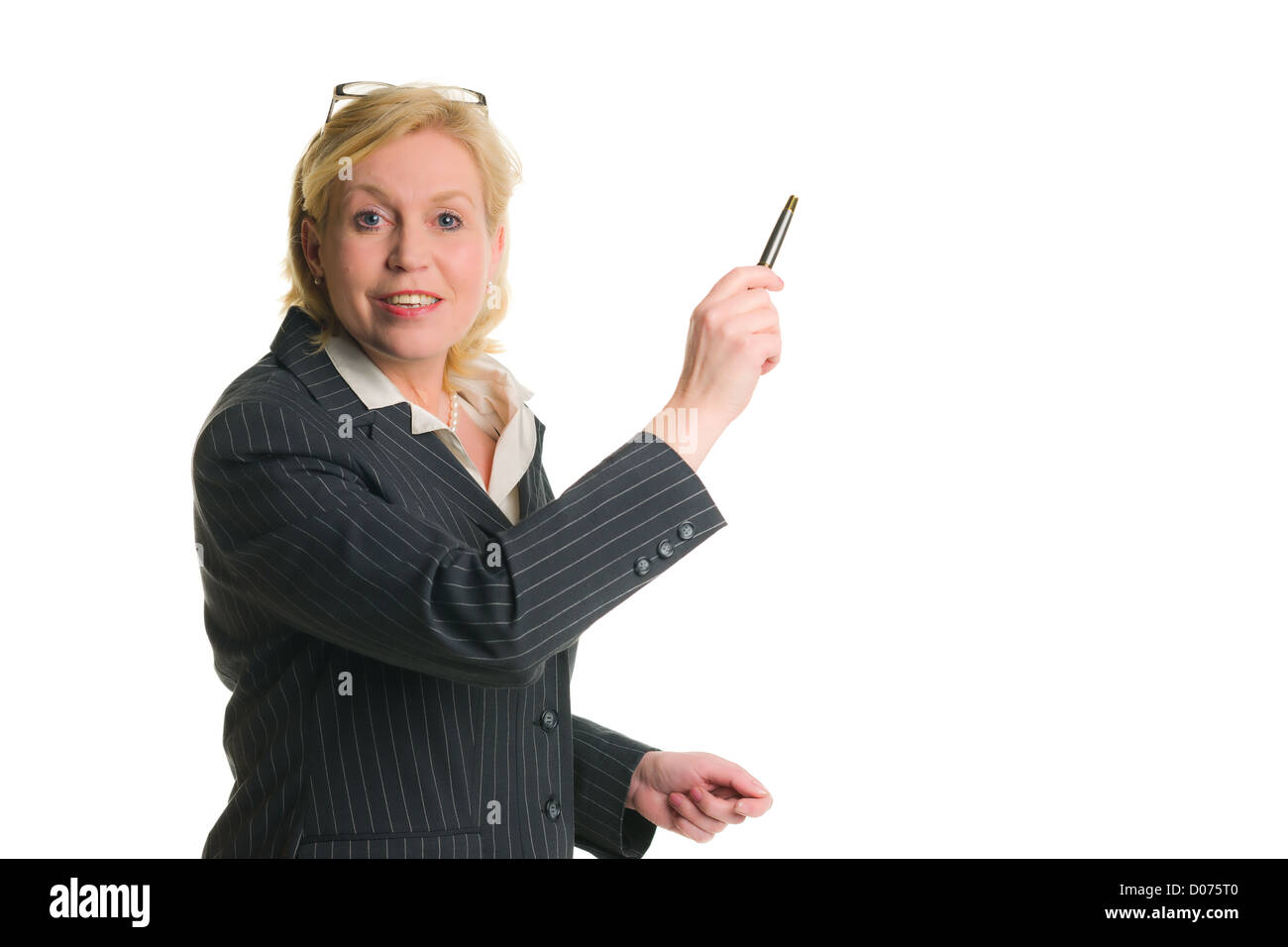 Caucasian businesswoman demonstrate something, white isolated ...