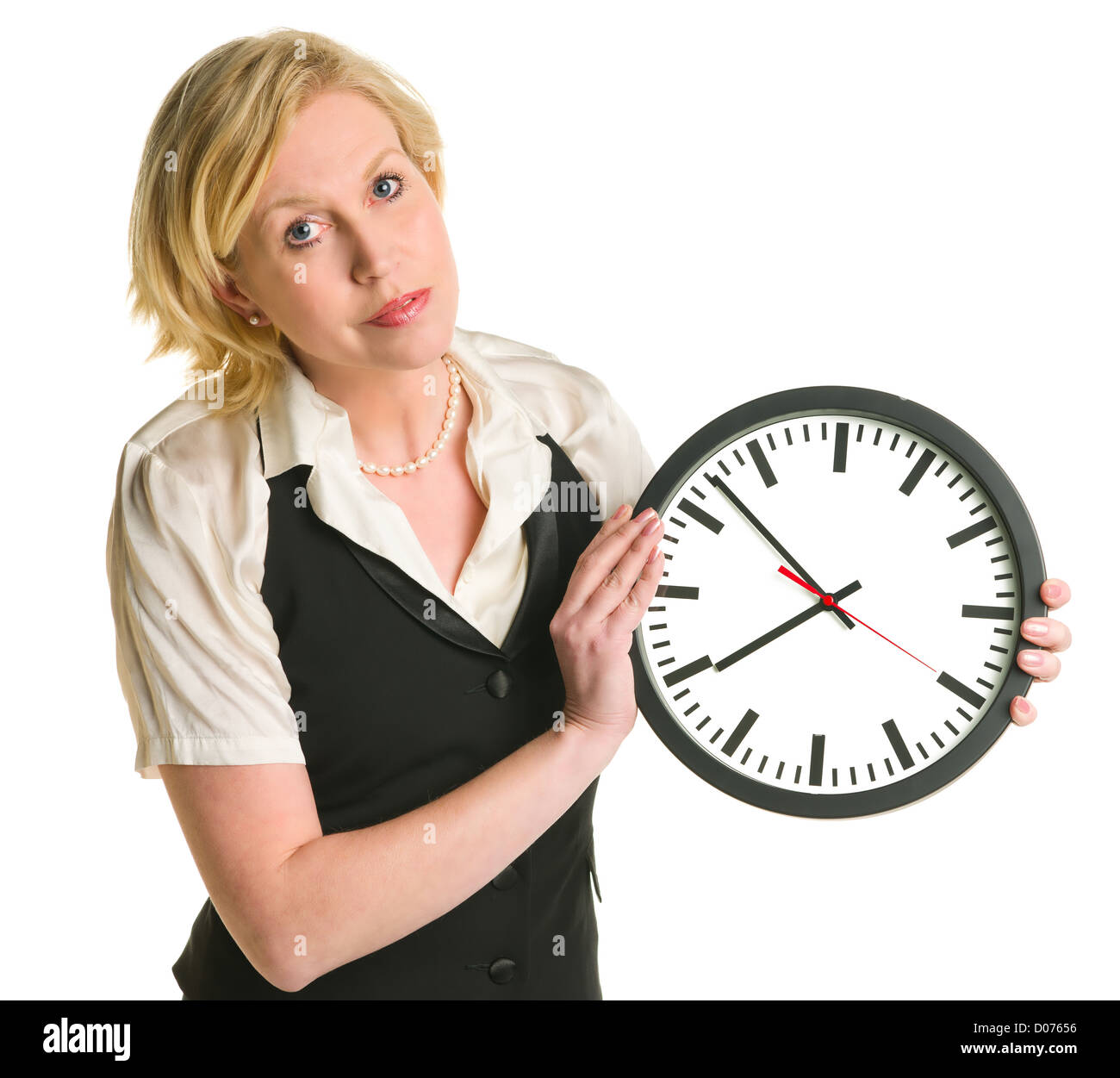 Woman holding and showing a clock, white isolated background Stock ...