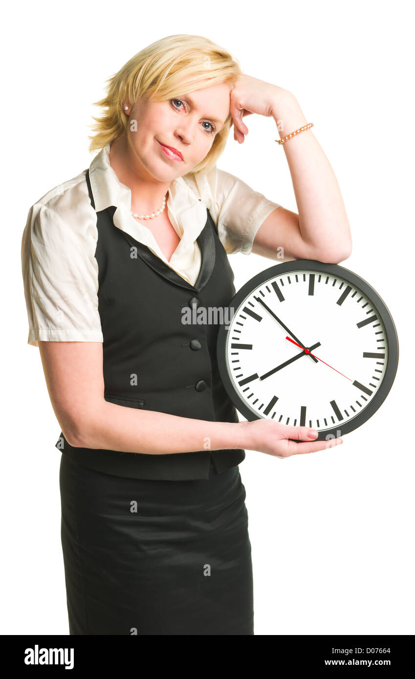 Woman holding and showing a clock, white isolated background Stock ...