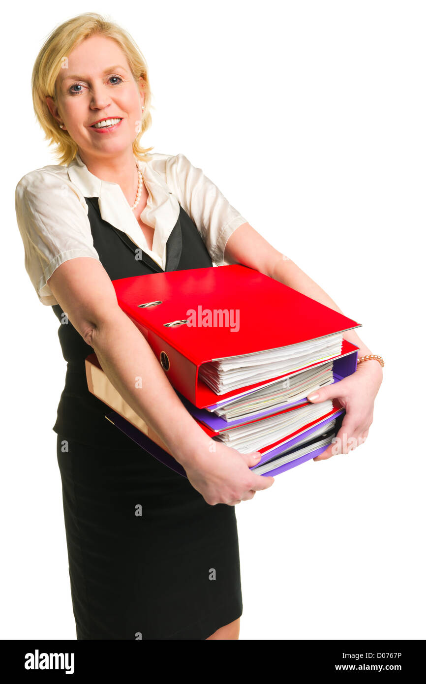 Woman holding folders in lap, white isolated background Stock Photo - Alamy