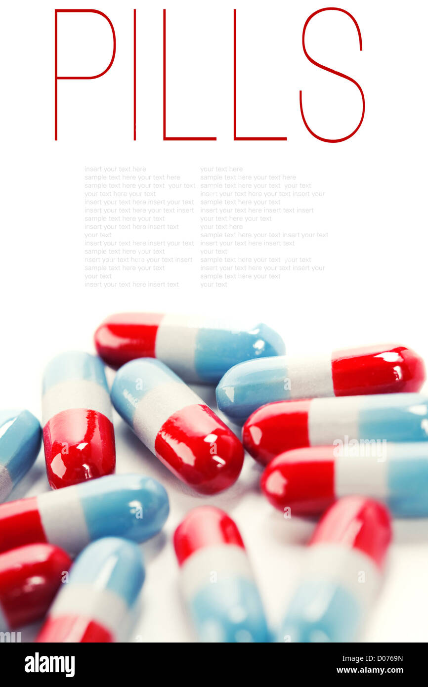 pills isolated on white background (with sample text Stock Photo - Alamy
