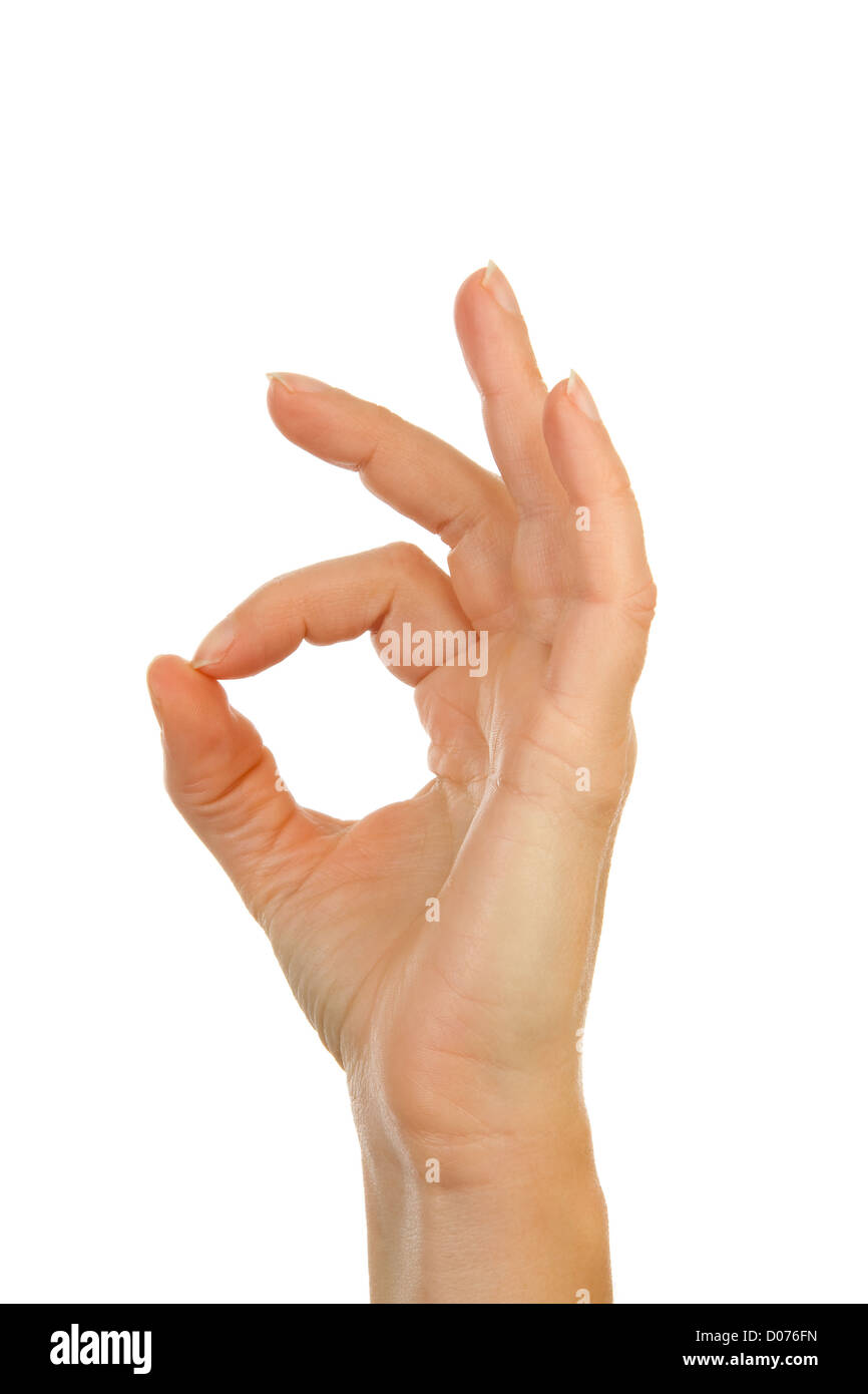 Woman's hand making OK sign over white background Stock Photo - Alamy