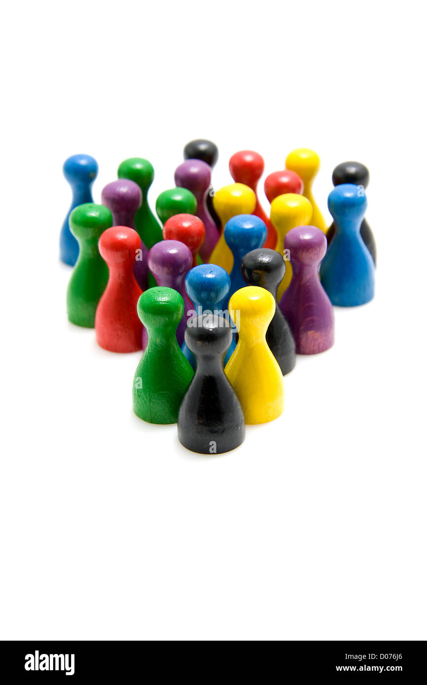 Lots of colored pawn in group over white background Stock Photo - Alamy
