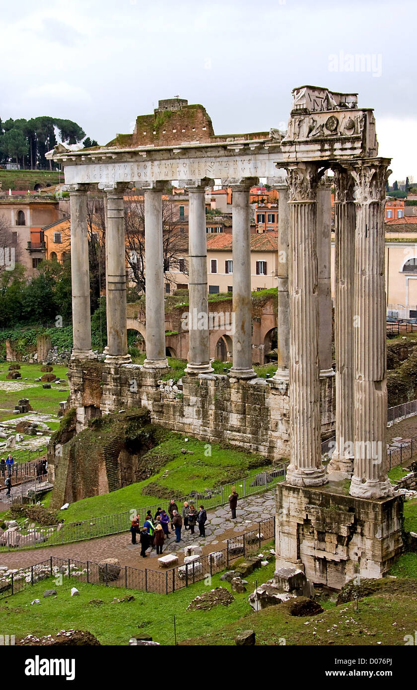 view over ruins: temple of Saturn in Roman Forum, Romanum, in Italy ...