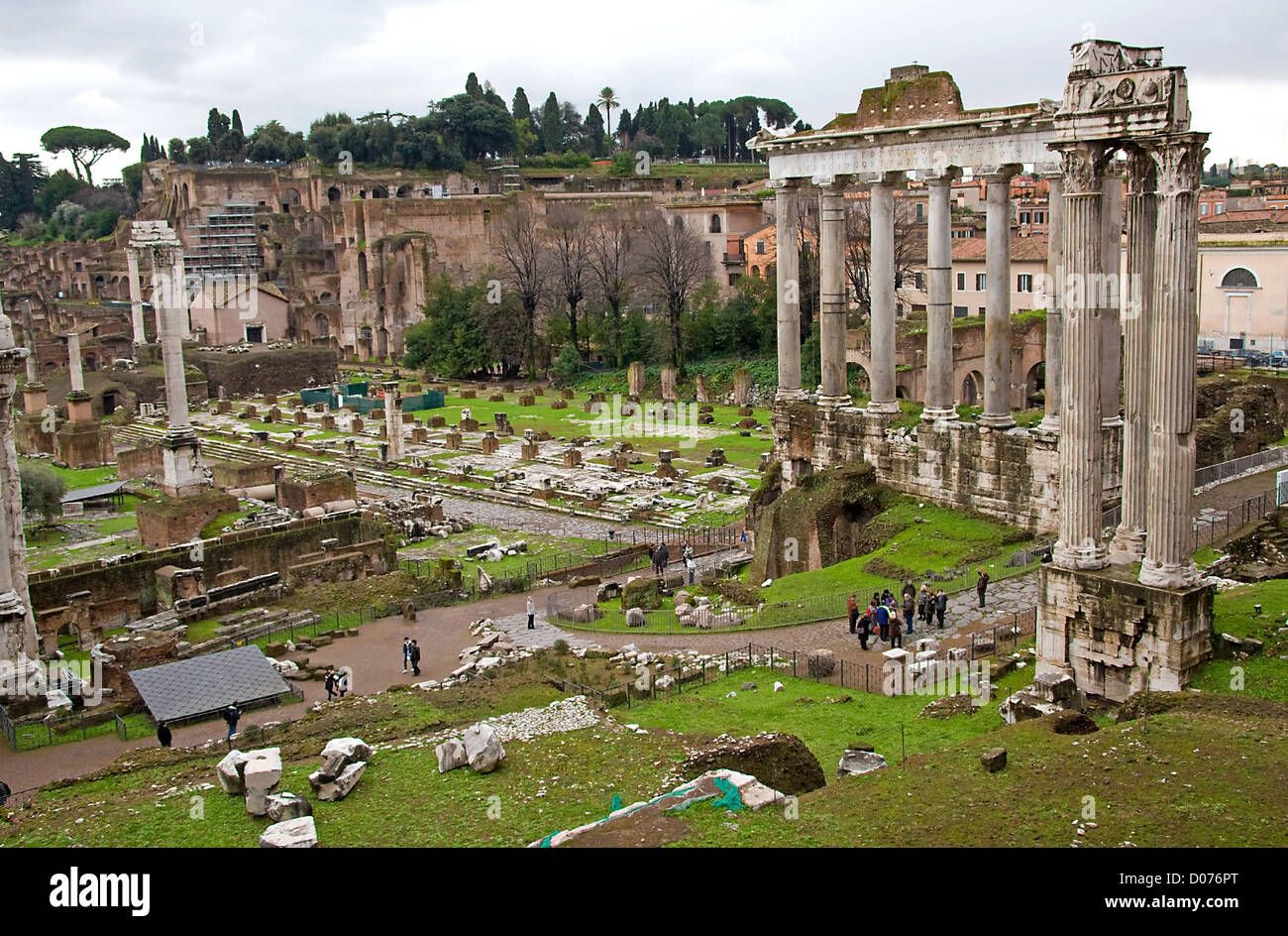 view over ruins: temple of Saturn in Roman Forum, Romanum, in Italy ...