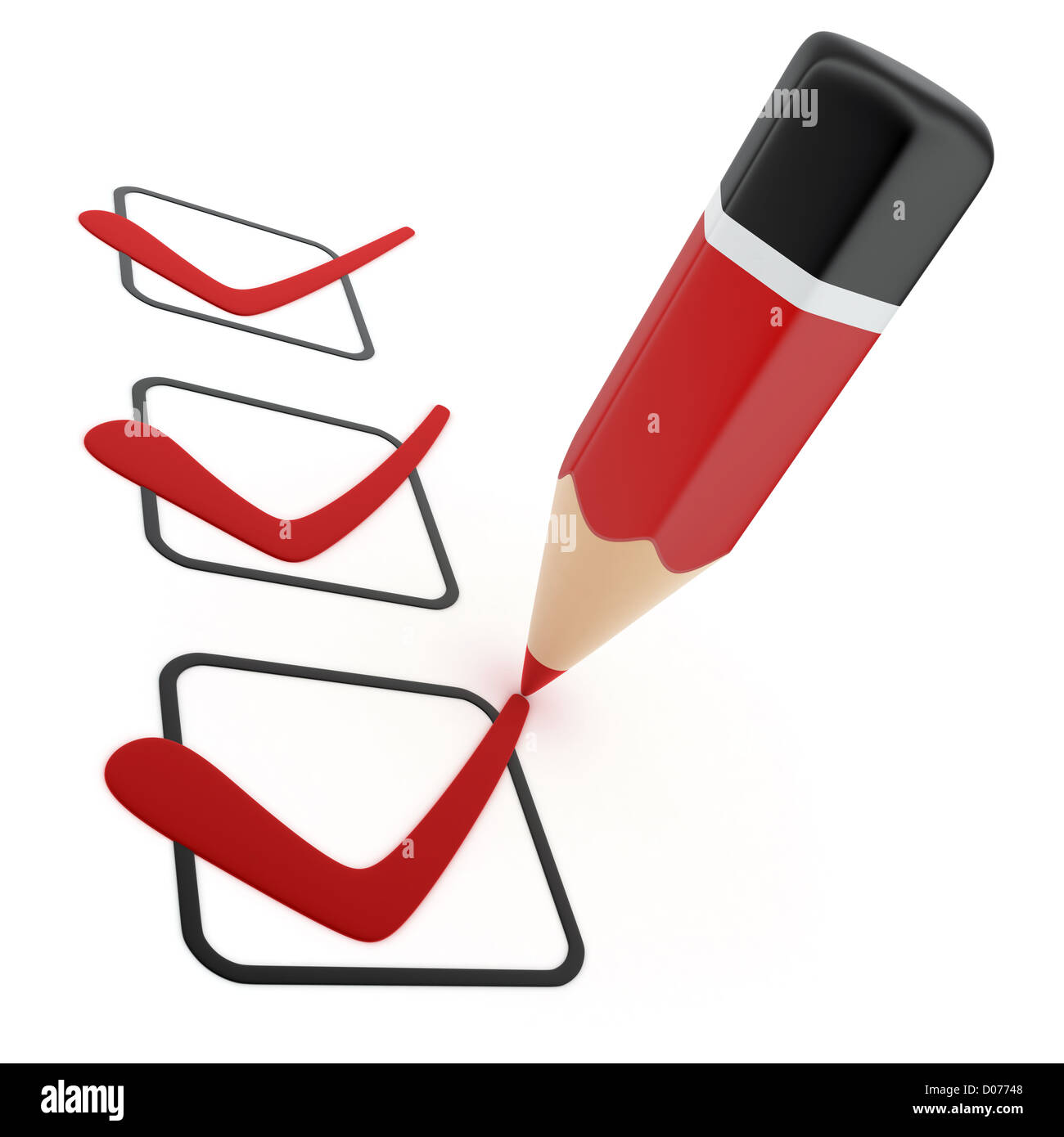 Pencil and three red check (done in 3d Stock Photo - Alamy