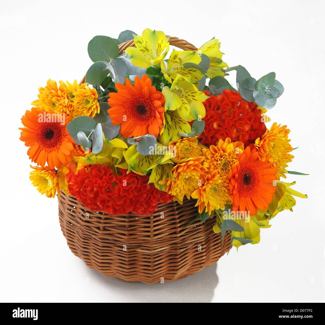 bunch of the flowers arranged in the basket isolated in white Stock ...