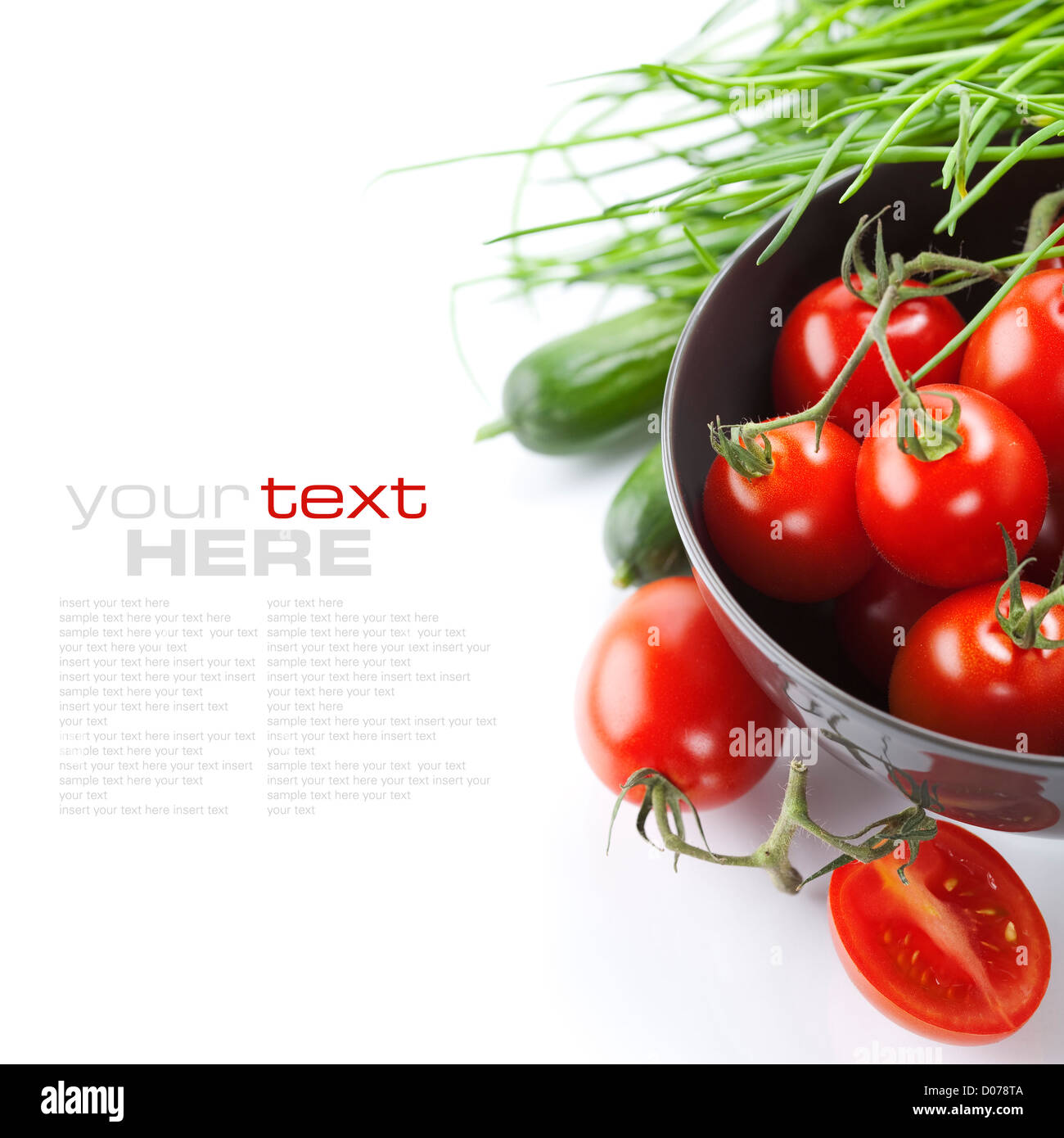 Tomatos, chives and cucumbers on white background (with sample text ...