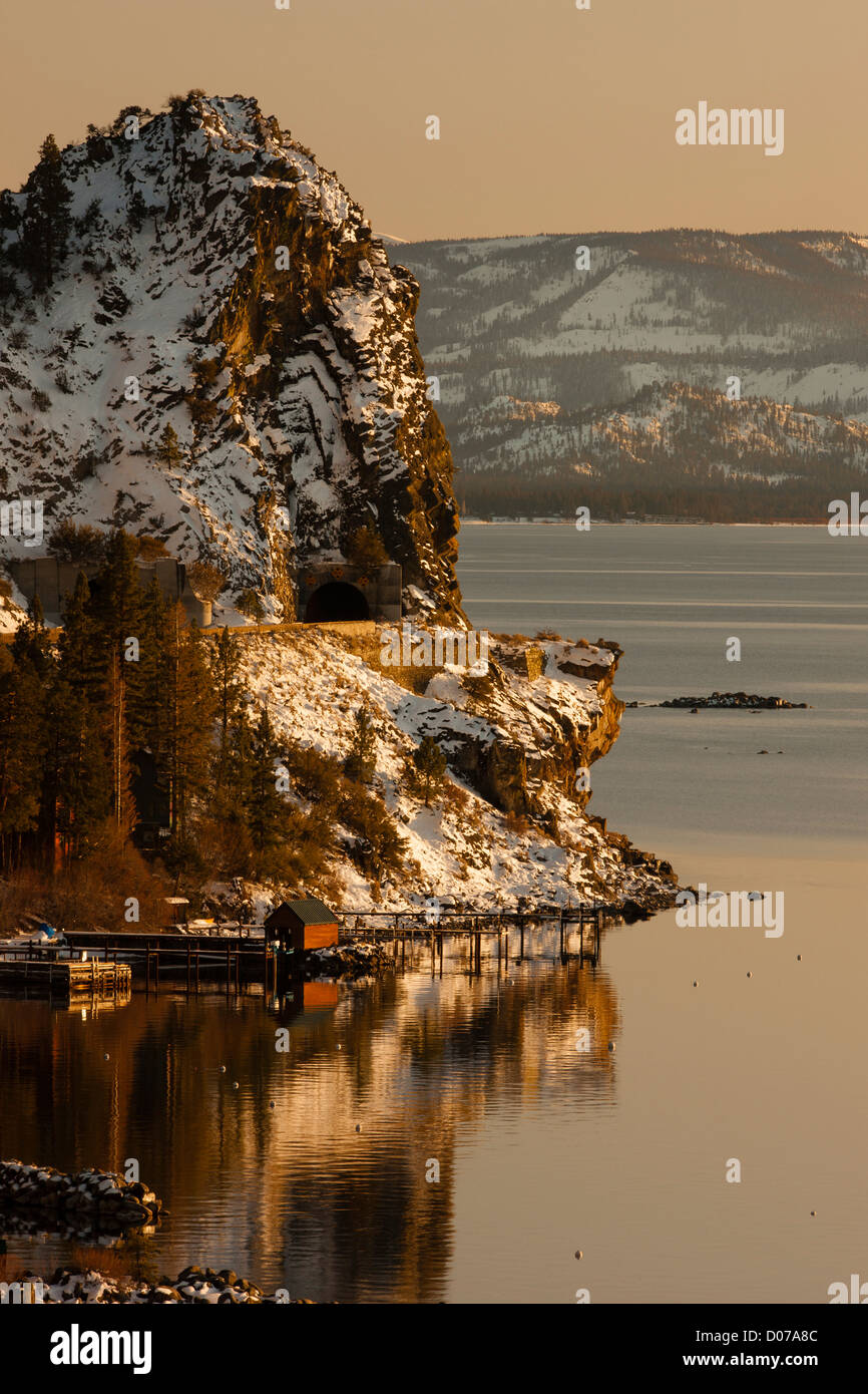 Cave Rock Tunnel seen from Logan Shoals east side Lake Tahoe Nevada ...