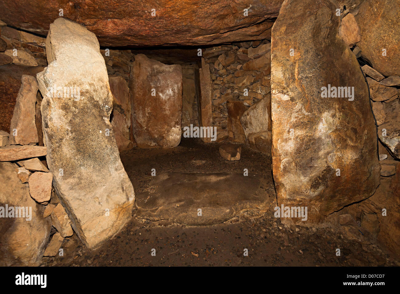 Interior stone chamber of the prehistoric burial mound La Hougue Bie ...