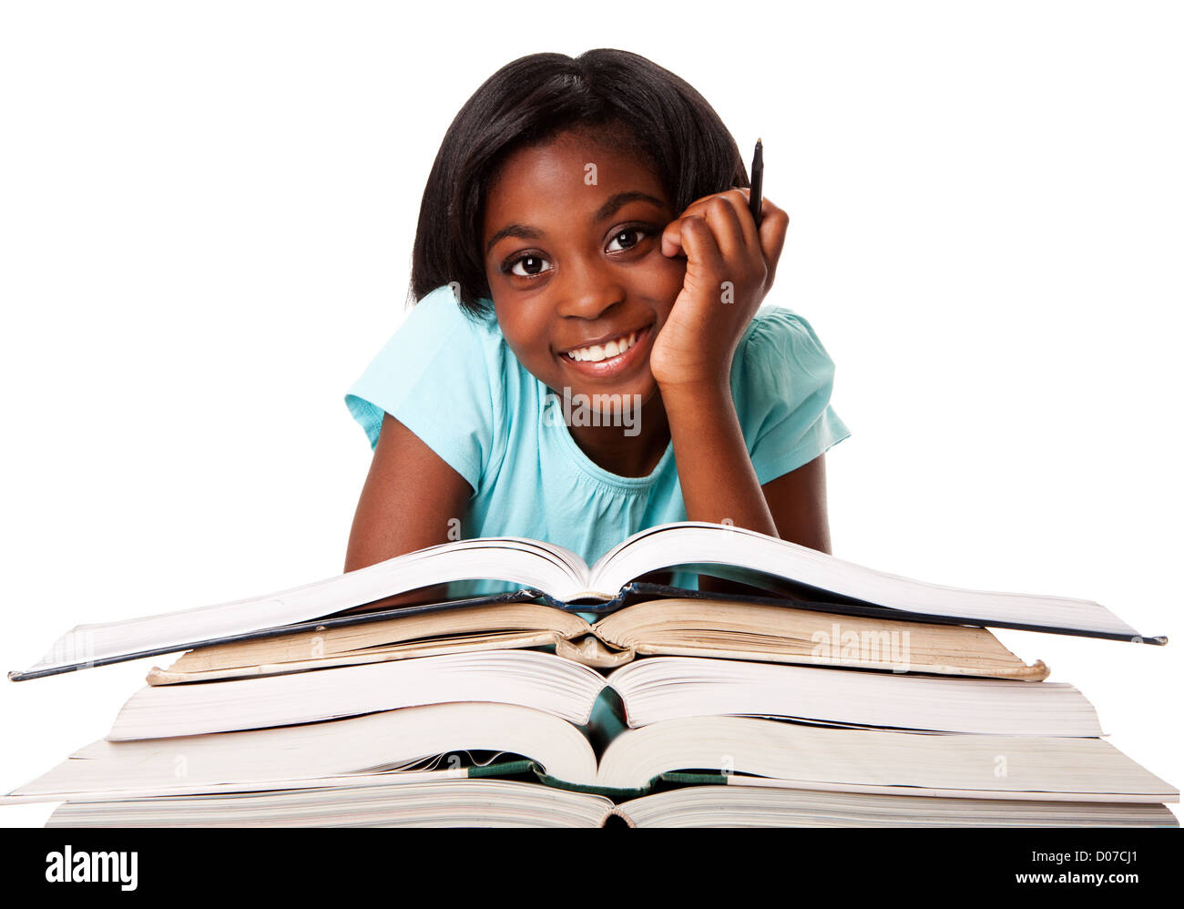 Beautiful happy smiling student with pen and a pile of open books doing ...