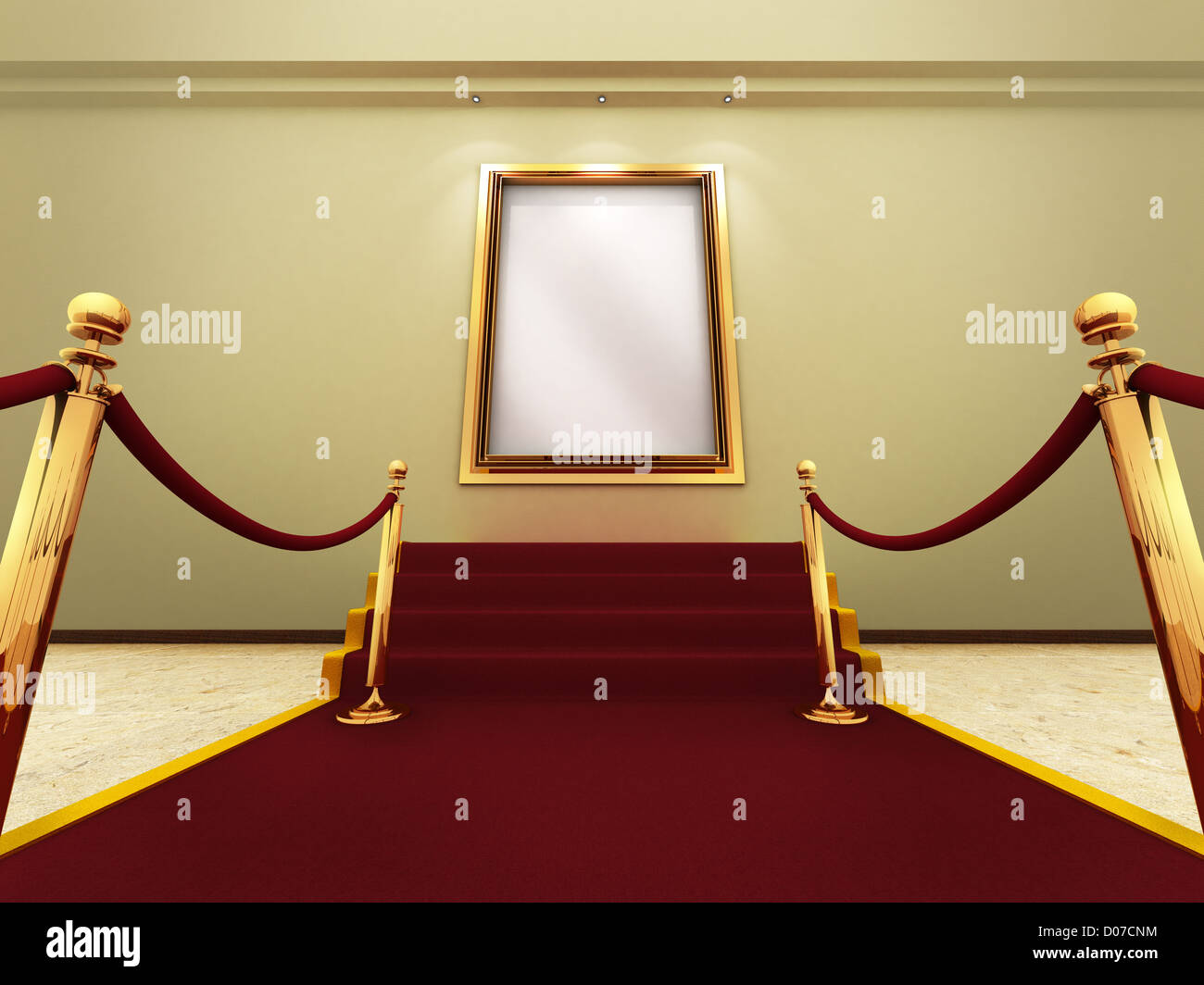 Red carpet leading up to the stairs to a golden picture frame on a wall ...