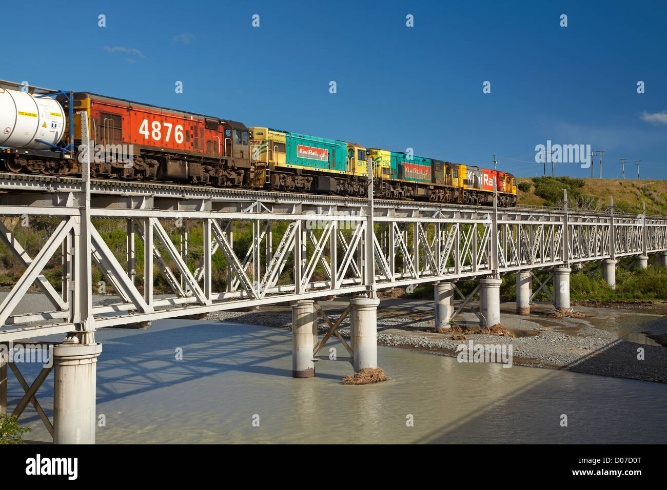 Freight train on historic double decker road-rail bridge (now rail only ...