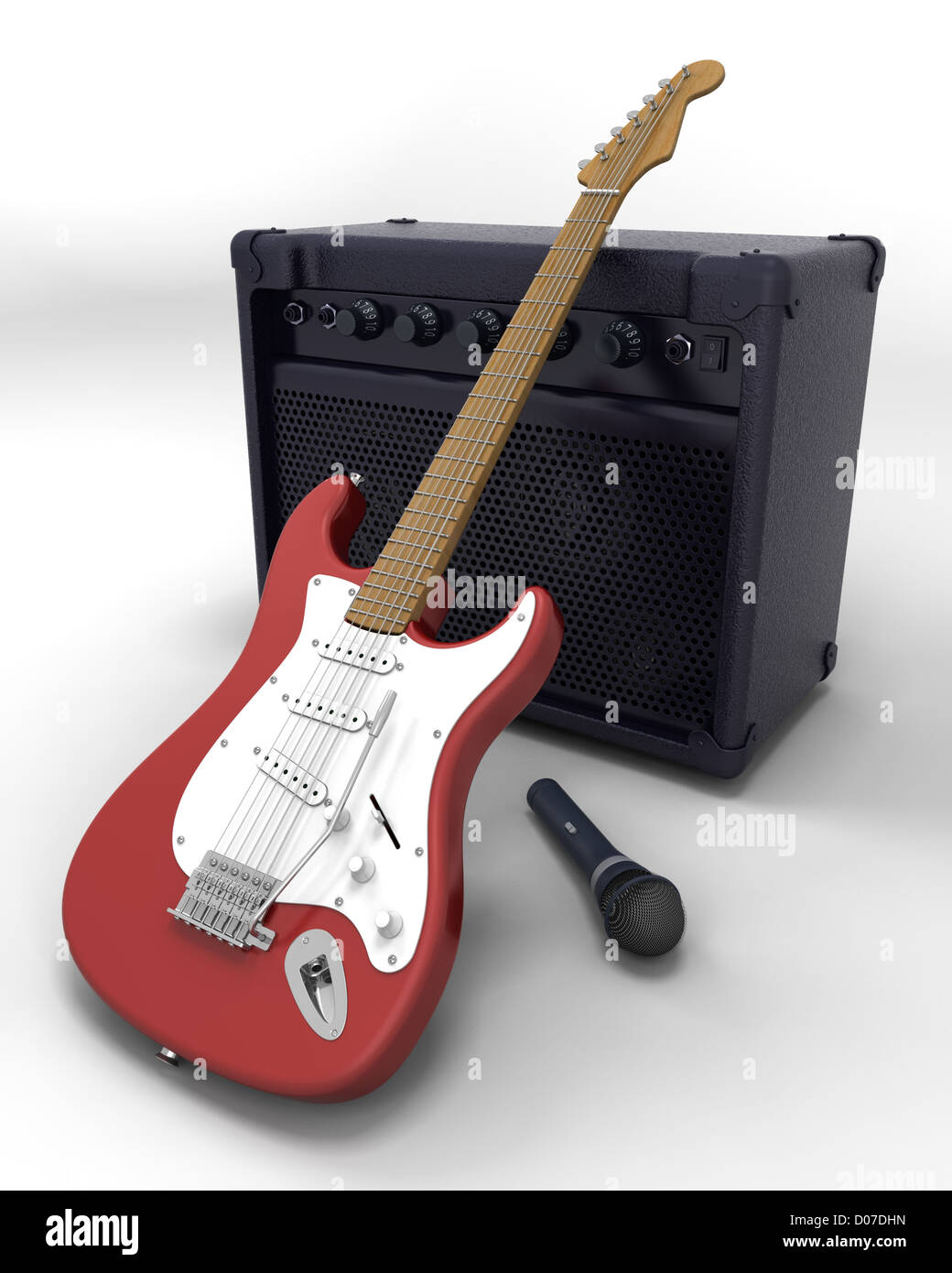 3D render of an electric guitar, speaker and a microphone Stock Photo ...
