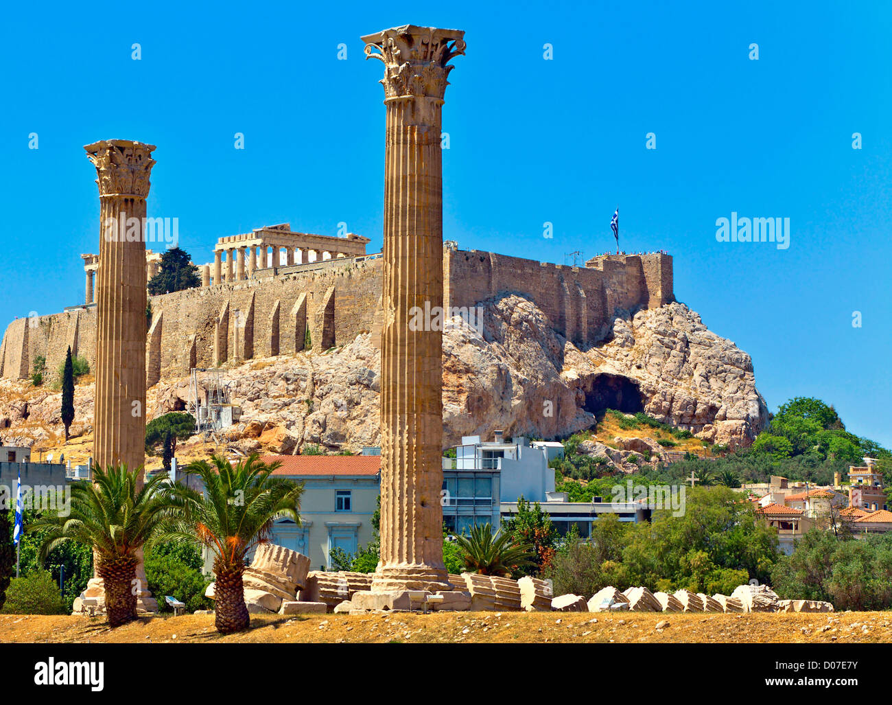 Temple of the Olympian Zeus and the Acropolis in Athens, Greece Stock ...