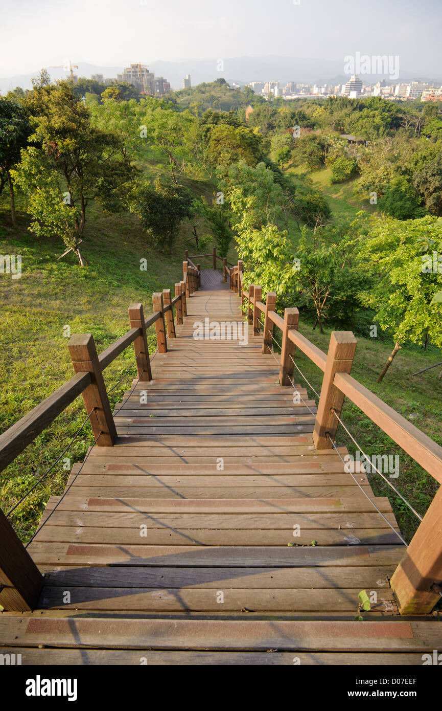 Wooden stairs with green trees in park in daytime Stock Photo - Alamy