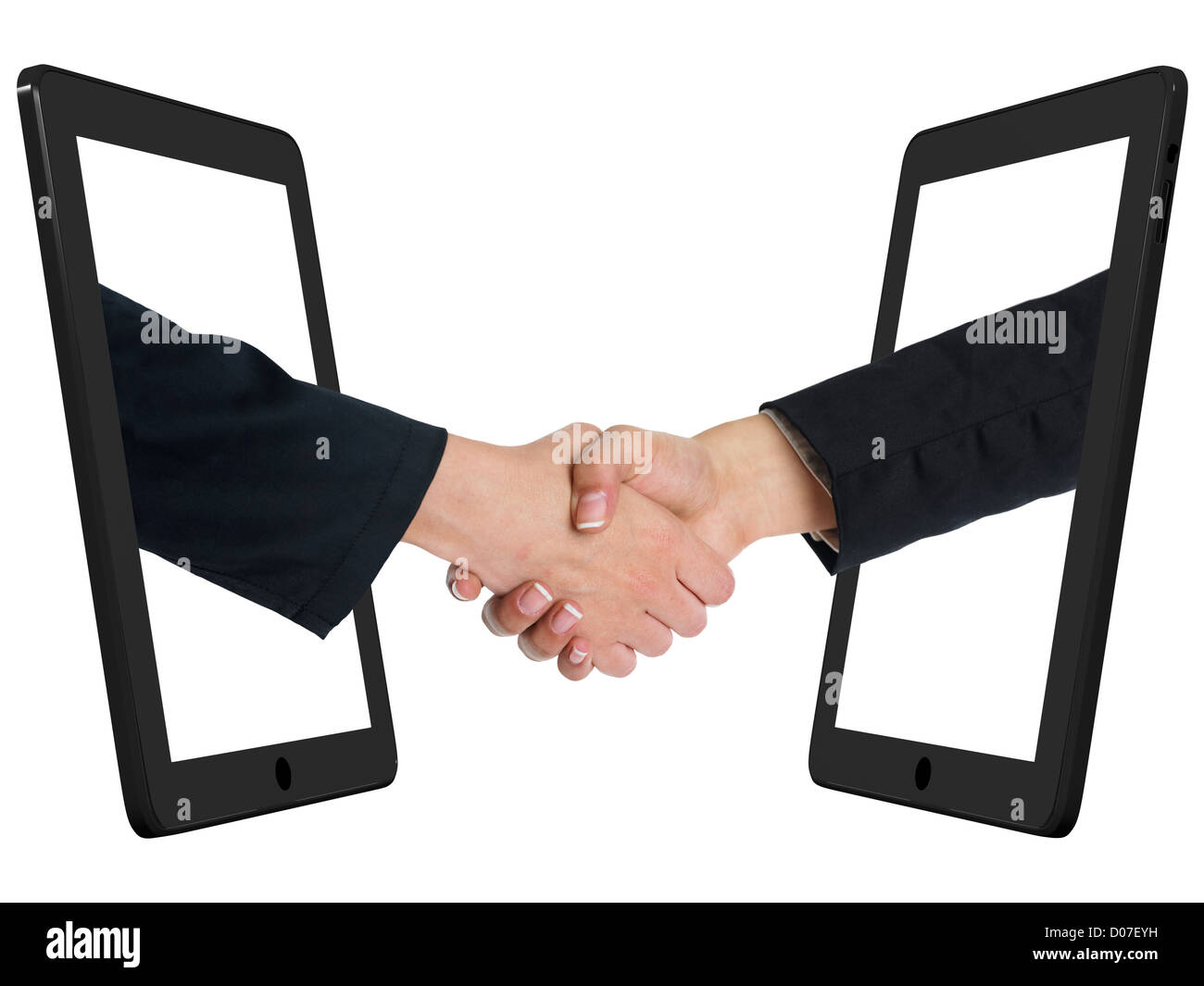 Two Computer Device and Hands in handshaking, Incernet Working Concept ...