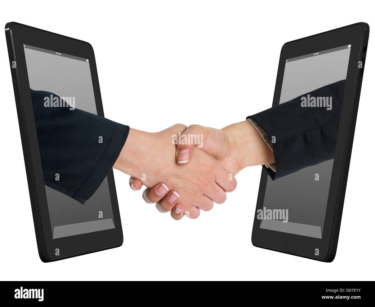Two Computer Device and Hands in handshaking, Incernet Working Concept ...